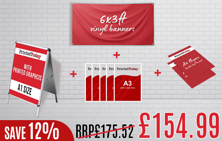 1x A1 A-Frame (Double Sided) + 5x A3 Posters + 6 ft x 3 ft Vinyl Banner ...